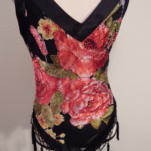 Cache | Tops | Cache Silky Rose Top W Tassels Beading | Poshmark